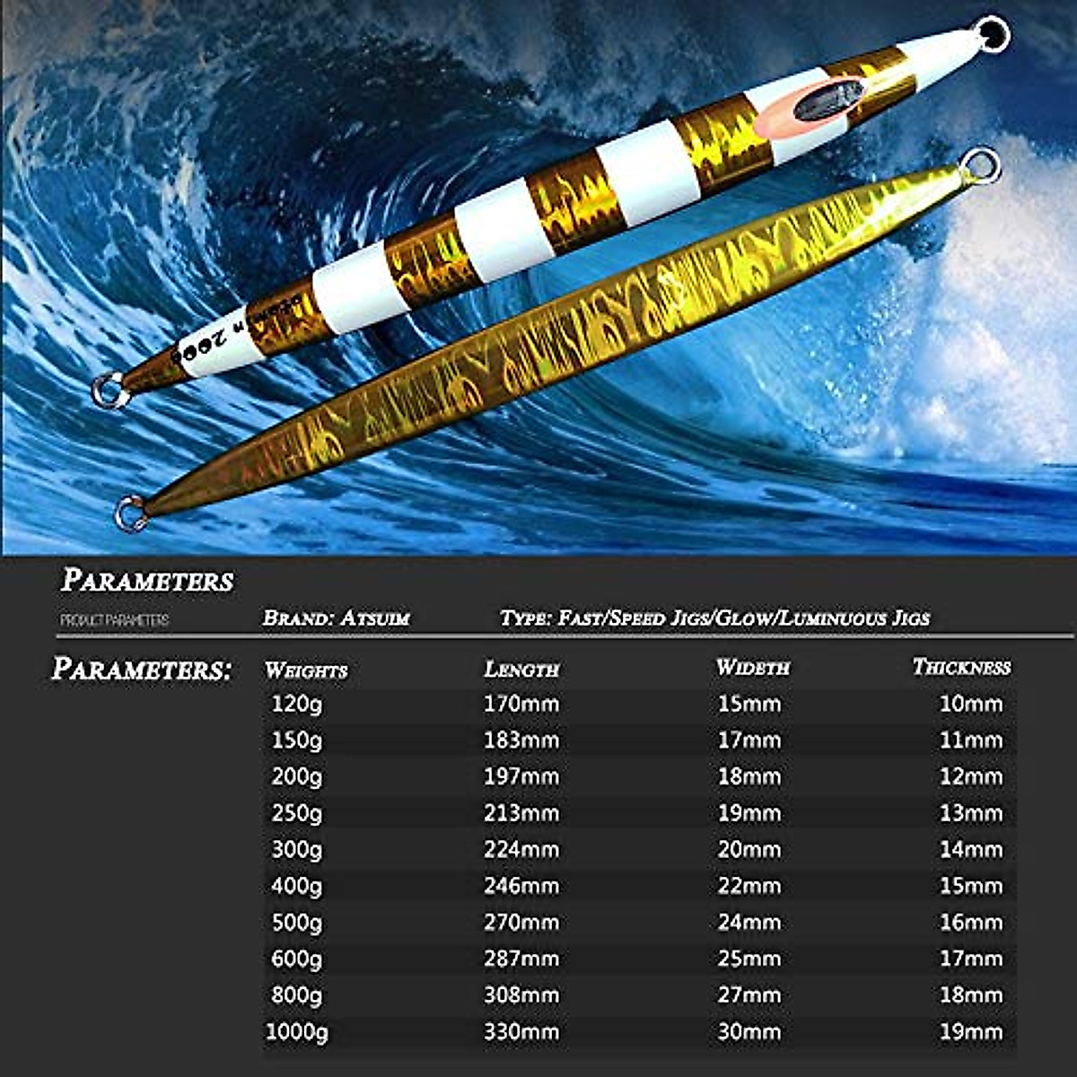Otomin Glow Fast Speed Vertical Jigging Lures Saltwater Metal Pitching Falling Fish Jigs Artificial Baits Lead Jigging Fishing Plugs 100g 150g 200g 250g 300g 400g (4 Colors, 400g)
