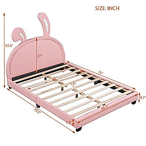 Merax Full Size Upholstered Leather Platform Bed with Bunny Ears Headboard, Platform Bed Frame with Rabbit Ornament for Kids, Child's Bedroom, No Box Spring Needed, Pink