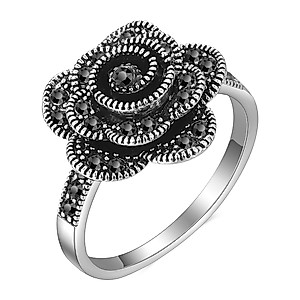 Mytys Vintage Wide Ring Classic Black Marcasite Crystal Rows Statement Silver Chunky Rings (Silver 9, 9)