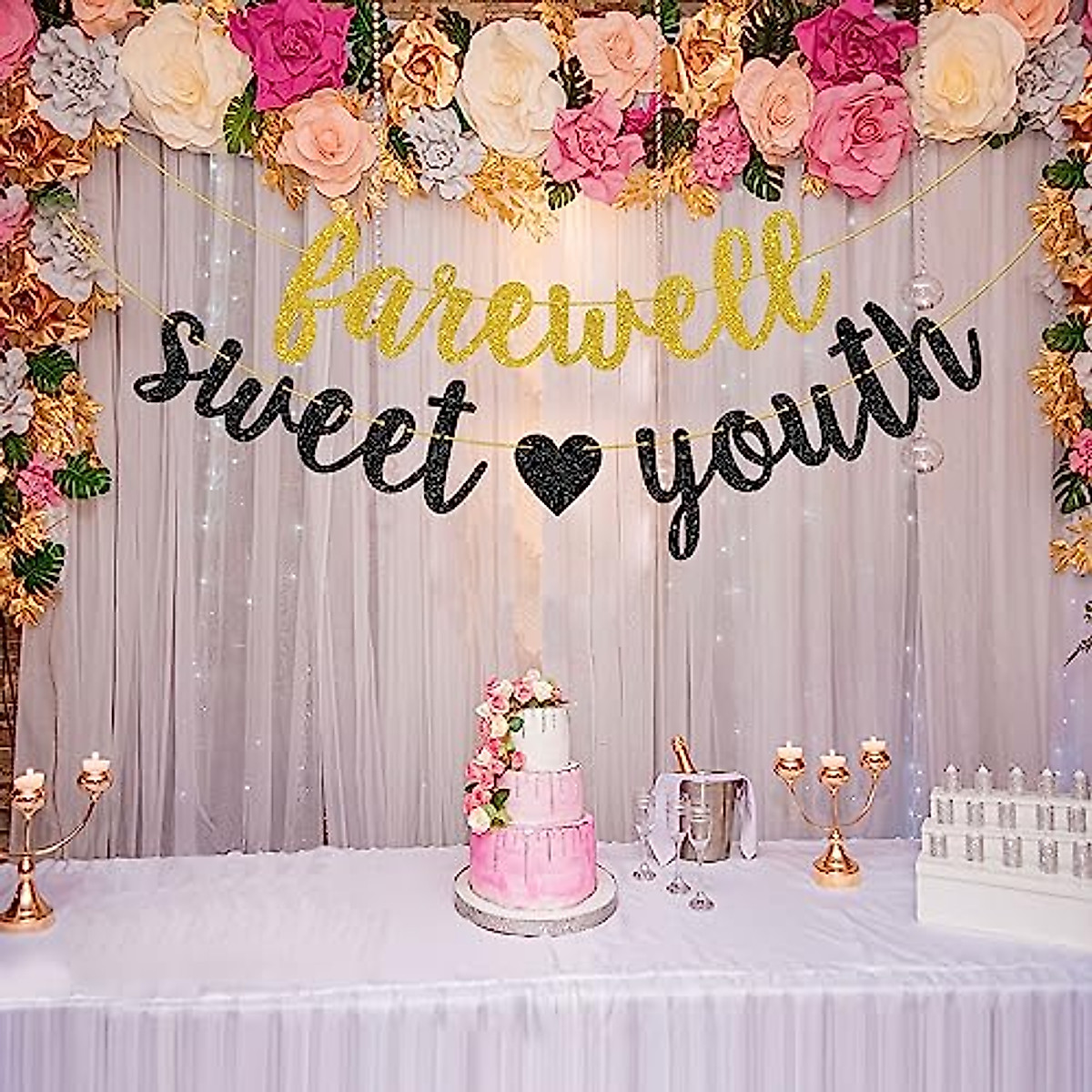 Helewilk Gold & Black Glitter Farewell Sweet Youth Banner, Funeral for My Youth Birthday Garland for 30th 40th 50th 60th Birthday Party Decoration, Funny Women Men Birthday Party Bunting Decor