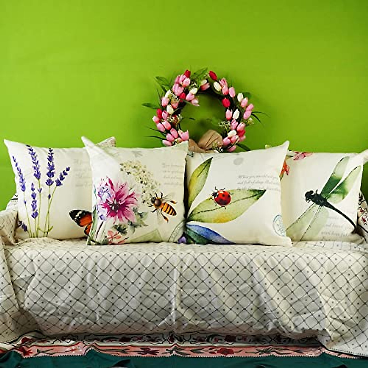 ONWAY Spring Summer Throw Pillow Covers 20x20 Inch Set of 4 Bee Butterfly Decorative Farmhouse Throw Cushion Cover Outdoor Pillows for Couch Sofa Patio Furniture Porch