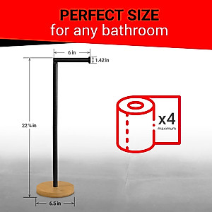 Toilet Paper Holder Stand, Modern Bamboo Base Free Standing Toilet Paper Holder with Storage, Sturdy Black Metal Stand with Weighted Base, Sleek and Decorative Freestanding Bathroom Toilet Roll Holder