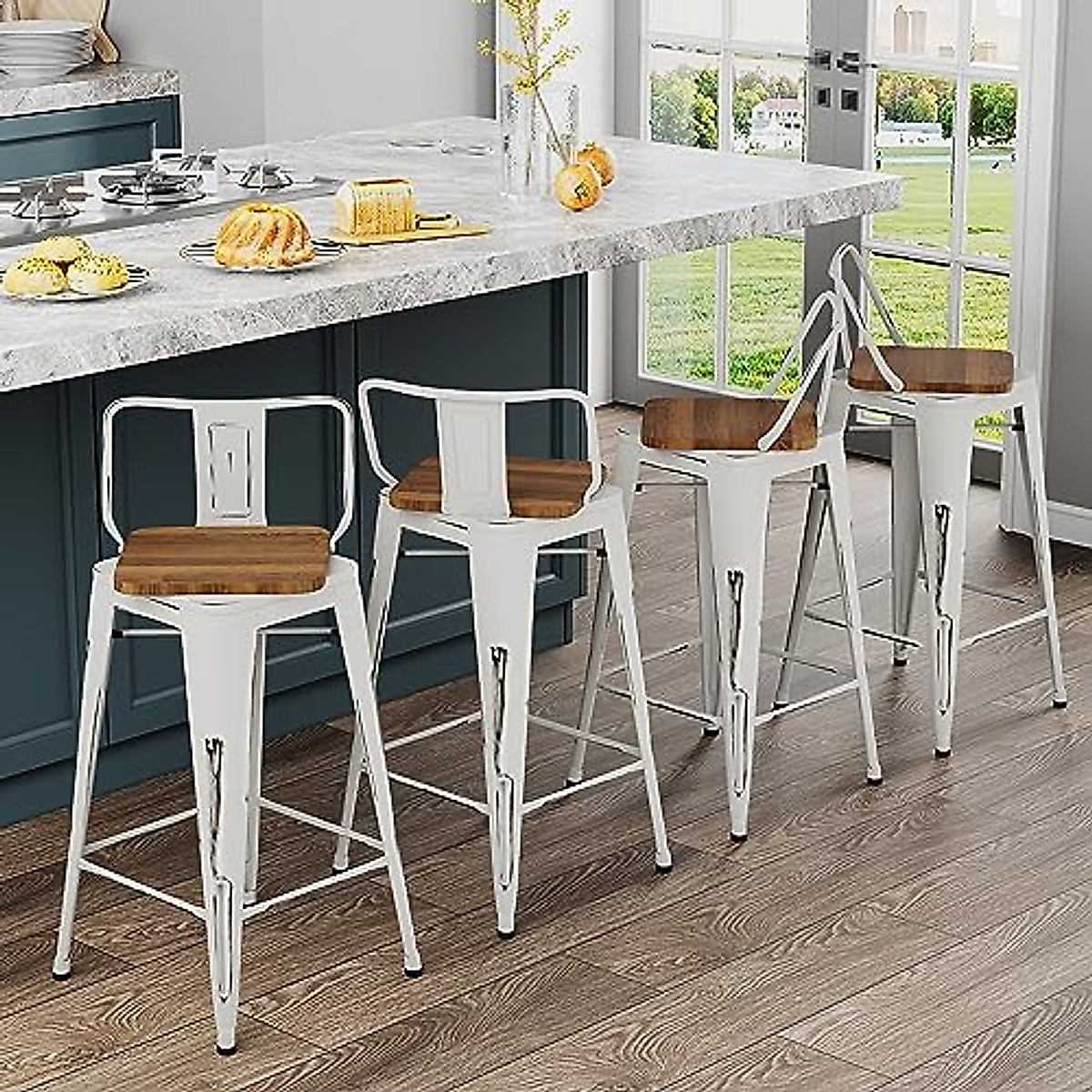Andeworld 24 Inch Swivel Bar Stools Set of 4 Counter Height Stools Industrial Metal Barstools (24 inch, Distressed White)
