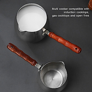 SUNGOOYUE Portable Mini Milk Warmer Pot 304 Stainless Wooden Handle Pointed Spout, Stainless Steel Butter Warmer Pan for Home Outdoor Picnic Cooking Pouring (300ML)