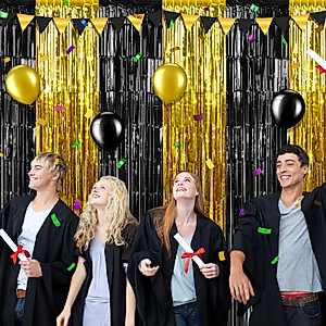 3Pack 3.3Ft x 6.6Ft Graduation Foil Fringe Curtain Backdrop Decorations, Black Gold Metallic Tinsel Foil Streamers Curtain Photo Booth Background for Graduation Prom Wedding Birthday Party Decorations