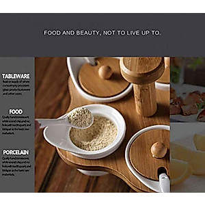 Ceramic Condiment Jar Pots 5 pcs Set durable Round Shape Seasoning Jar with Holder,Spoon and Bamboo Lids for Home Kitchen