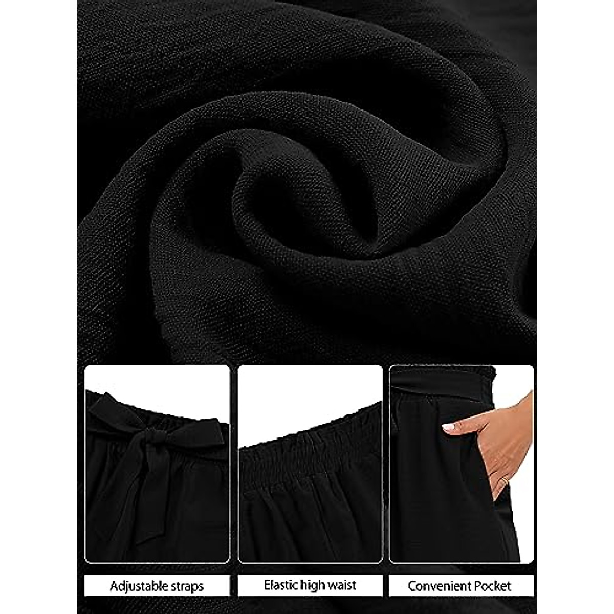 Sucolan Black Wide Leg Pants for Women Lightweight High Waisted Palazzo Work Pants Dressy Casual Adjustable Tie Knot Loose Trousers with Pockets XL