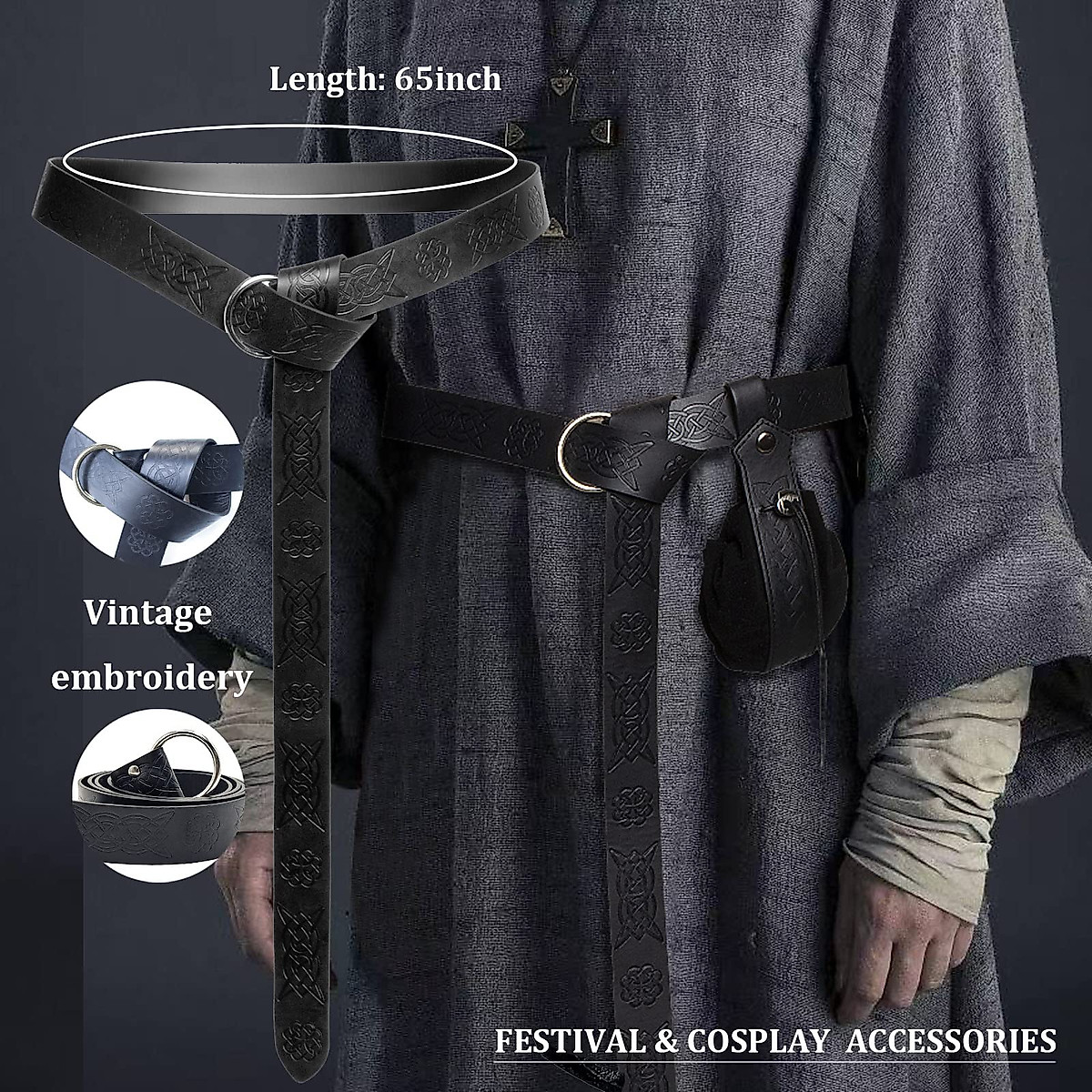 Belt Pouch Medieval Waist Bag Coin Purse Fanny Pack Viking Costume Set Halloween Festival Ren Faire Leather Pouch (1-Black)