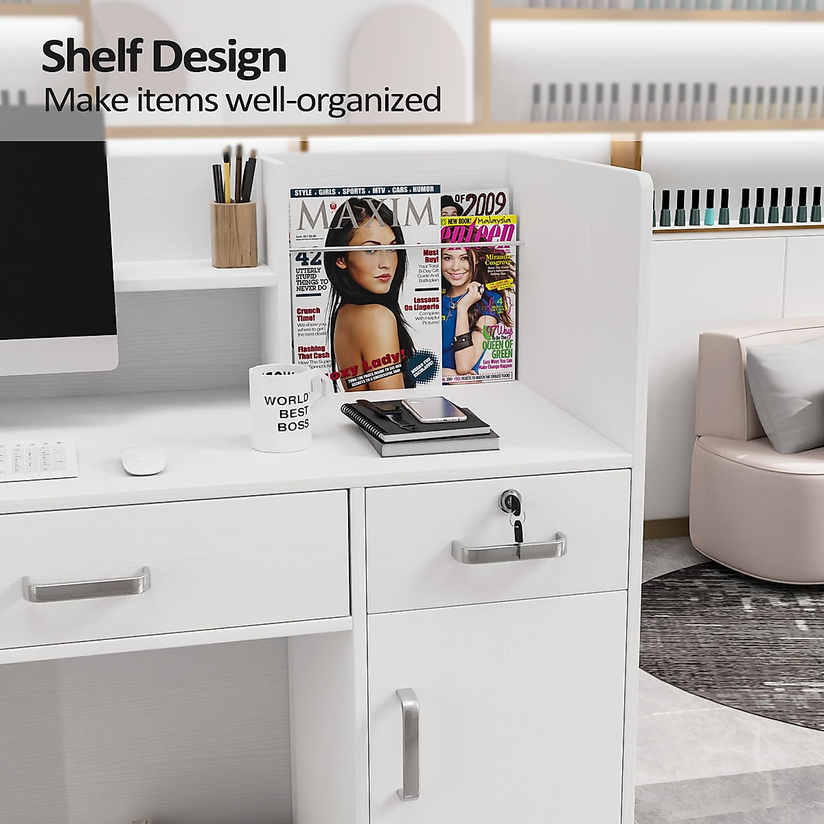 OmySalon Modern Reception Desk, Front Desk Counter with Lockable Drawers and Moveable Shelves, Receptionist Desk Retail Checkout, for Lobby Beauty Salon Office, White (47.2”W x 18.9”D x 43.7”H)