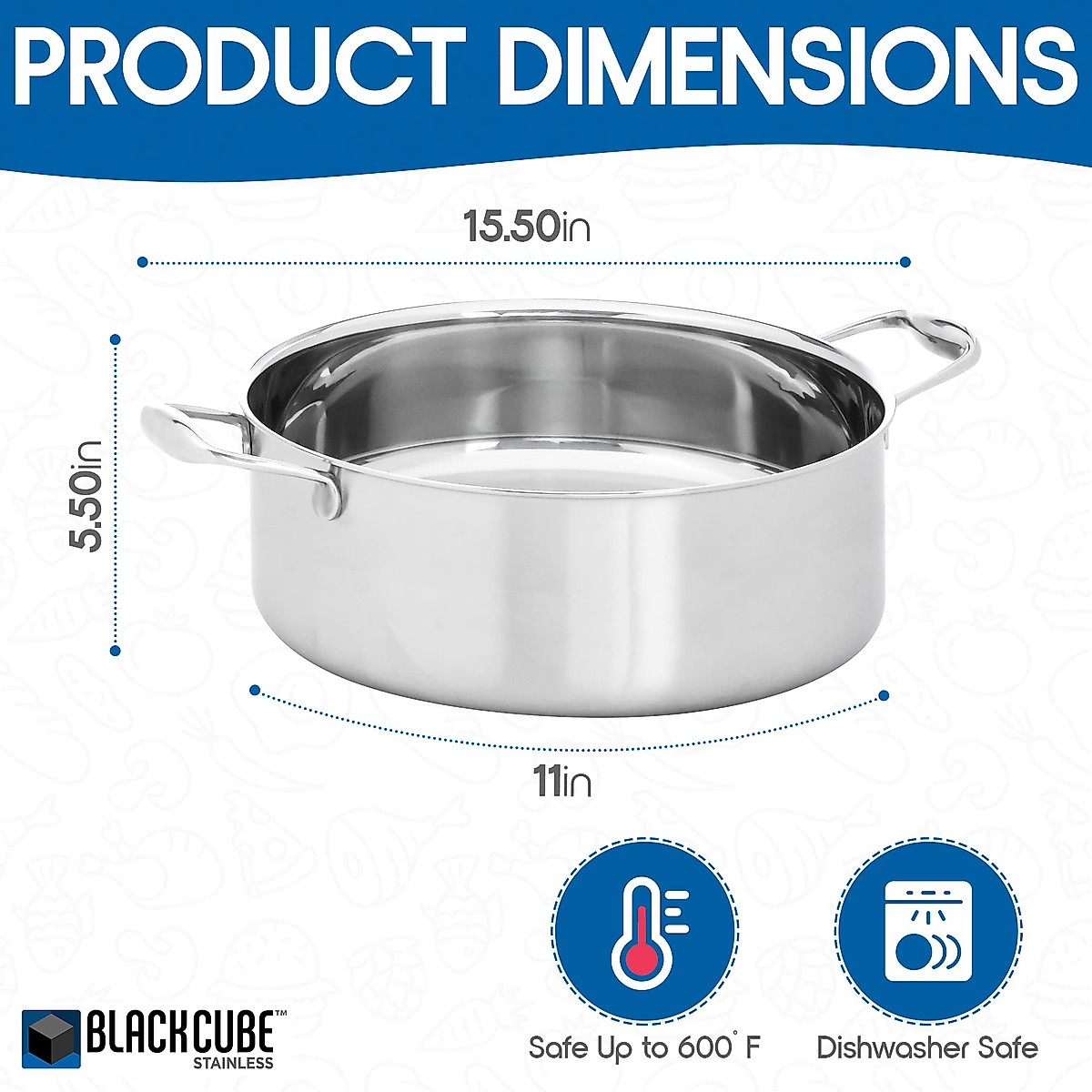 Black Cube Stainless Steel 7.5 QT Stockpot With Lid, 3 Ply Professional Grade Steel 11-inch Pot, Sliver, Dishwasher Safe.