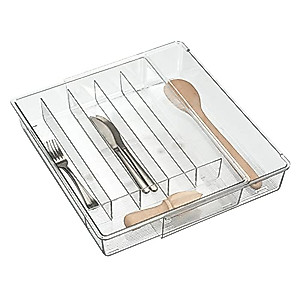 mDesign Adjustable, Expandable Plastic In-Drawer Utensil Organizer Tray Deep 6 Section Divided for Kitchen Organization; Holds Cutlery, Flatware, Silverware, Cooking Utensils, Ligne Collection, Clear