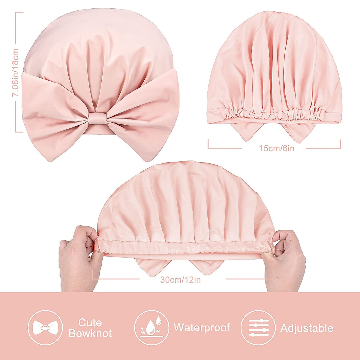 Whaline Large Shower Caps Pink Black Bowknot Bath Hair Caps Reusable Waterproof Turban Shower Hat Adjustable Bath Cap for Women Girl Beauty Hair Spa Bathing Home Travel, 2 Pack
