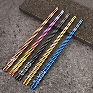 TIICOO Metal Chopsticks Reusable 18/8 Stainless Steel Chopsticks Laser Engraved Premium Titanium Multicolor Chop Sticks Dishwasher Safe Lightweight Japanese Style 5 Pairs Chopsticks Gift Set(Style 2)
