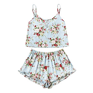 SheIn Women's Pajamas Sets Button Front Tank and Shorts Lounge Set Sleepwear Blue X-Large