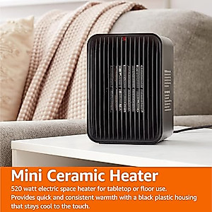 Amazon Basics Ceramic Space Heater, Electric Heater for Indoor Use With 3 Heat Settings, Temperature Control, Lightweight (1.7 LBS), 520W, 5.1"L x 3.5"W x 7"H