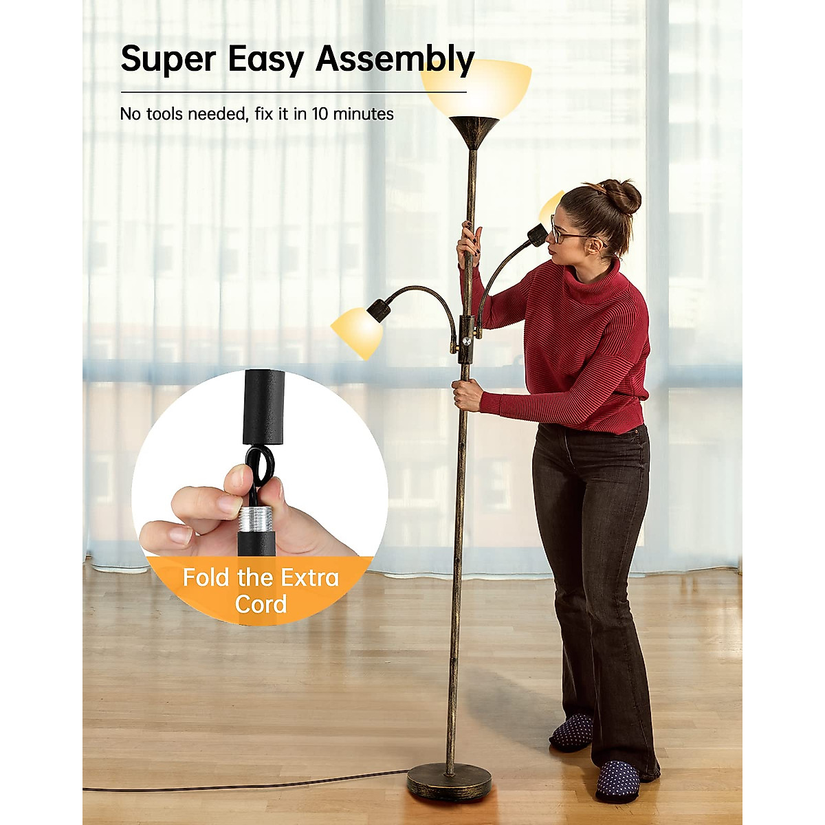 BoostArea Industrial Floor Lamp,Standing Lamp,Tree Floor Lamp with 3 Adjustable Rotating Lights, Independent Control, 3PCs LED Bulb Included, Tall Pole Lamps for Living Room, Bedroom, Home, Office