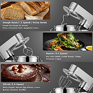 Stand Mixer, POWWA 7.5 Quart Electric Mixer, 6+1 Speed 660W Tilt-Head Kitchen Food Mixers with Whisk, Dough Hook, Mixing Beater & Splash Guard for Baking, Cake, Cookie (Silver-with Handle)