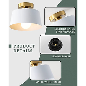 BinoBro Modern Semi Flush Mount Ceiling Light with Gold Plate and Matte White Shade, Farmhouse Ceiling Light Fixture for Kitchen Island Dining Room Foyer Hallway Porch Barn Loft，10in (White)