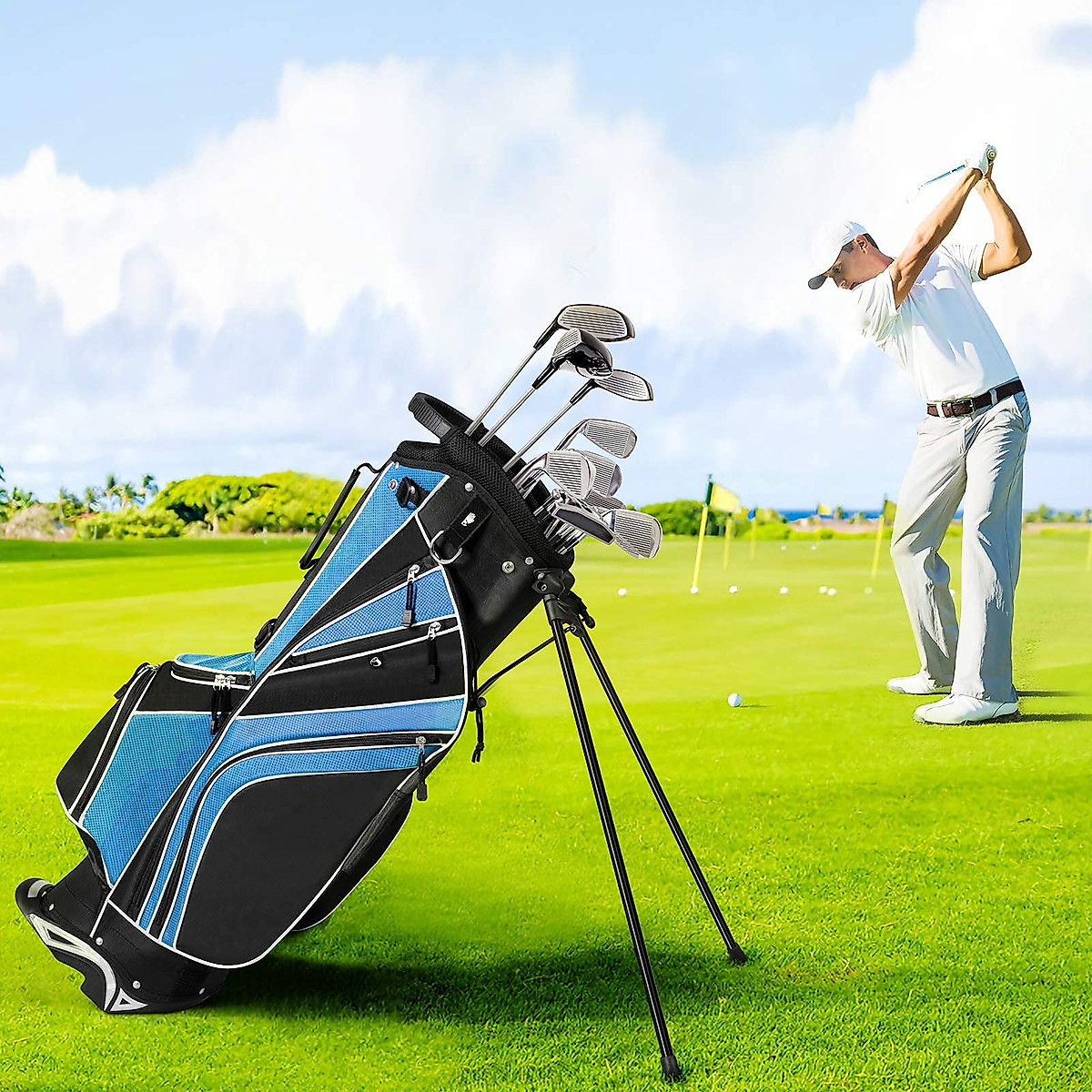 Mayjooy Golf Stand Bag, Portable Carry Golf Bag w/Ergonomic Dual Straps & 6 Way Top Divider, Lightweight Carry Organizer Pocket w/Umbrella Ring, Ideal for Men & Women (Blue)