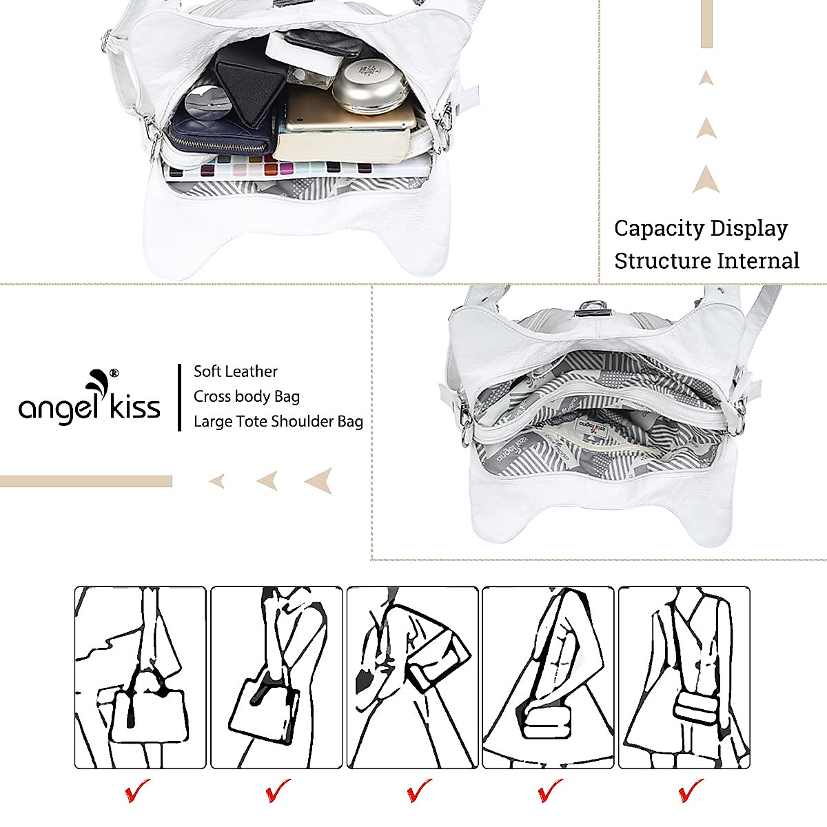 Angelkiss Women Multiple Pockets Purses and Handbags Washed Leather, Two Top Zippers Closure, White