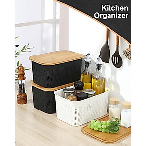 AREYZIN Plastic Storage Bins with Bamboo lids and Stackable Storage Baskets for Shelves - Organize Your Home or Office with These Space-Saving Storage Solution,6 Pack,White