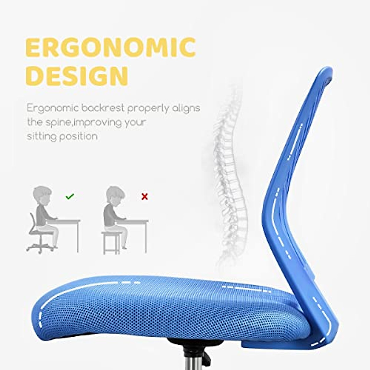 Yaheetech Students Desk Chair Low-Back Armless Study Chair Swivel Task Chair Cute Bedroom Chair with Lumbar Support Adjustable Height for Youth, Blue