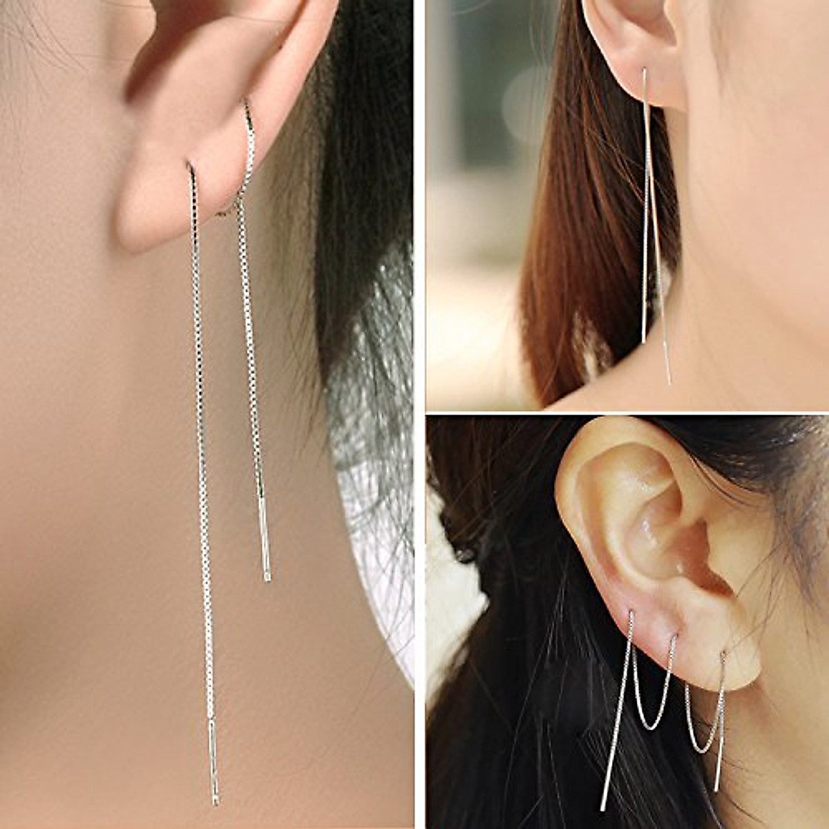 A Pair 925 Sterling Silver Tassel Threader Drop Earrings Long Chain Ear Line (silvery)