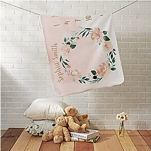 Pink Wreath Custom Name Monthly Milestone Blankets for Baby Girls, Personalized Flower Blanket for Baby, Personalized Gifts for Newborn Shower Flower Theme