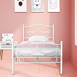 IDEALHOUSE Twin Size Bed Frame for Kids- Metal Platform Curved Bed Frames with Headboard Footboard No Box Spring Needed White, 78.7’’L ×39.3’’W ×42.5’’H
