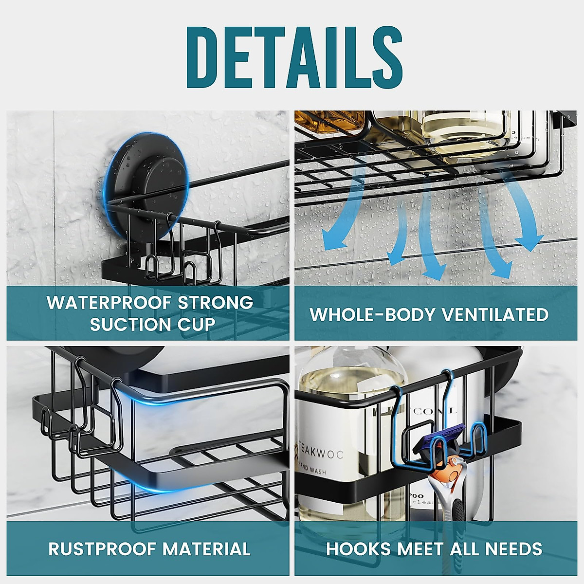 TAILI Corner Shower Caddy Suction Cups 2 Pack with Hooks Heavy Duty, Shower Shelf Basket Wall Mounted Organizer for Bathroom, Rustproof Stainless Steel Shower Rack, Drill-Free Removable