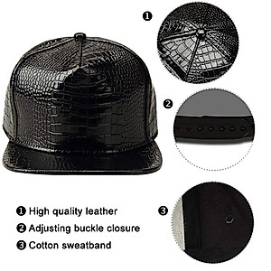 XRDSS Men Women PU Leather Hip-Hop Flat Bill Snapback Hat Crocodile Baseball Caps Black
