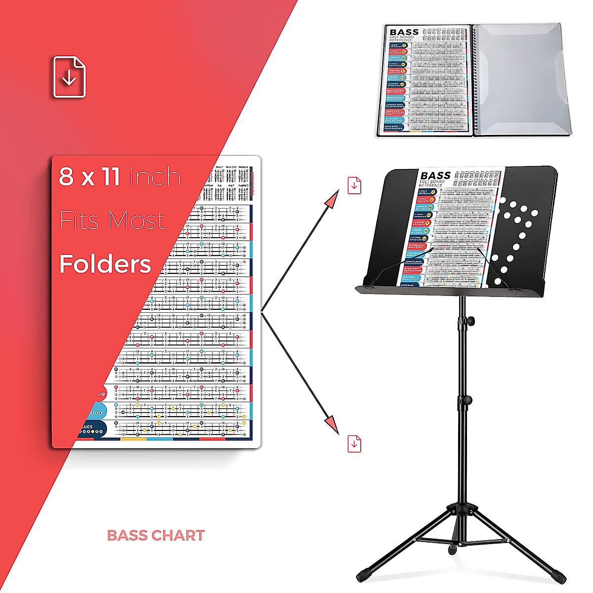 Bass Scales Chart for Beginner Adult or Kid, 8'' x 11'' Pocket Bass Scales Cheatsheets of Acoustic Electric Bass Guitar, Great Bass Scales Reference Poster to Improve Bass Technique & Music Theory