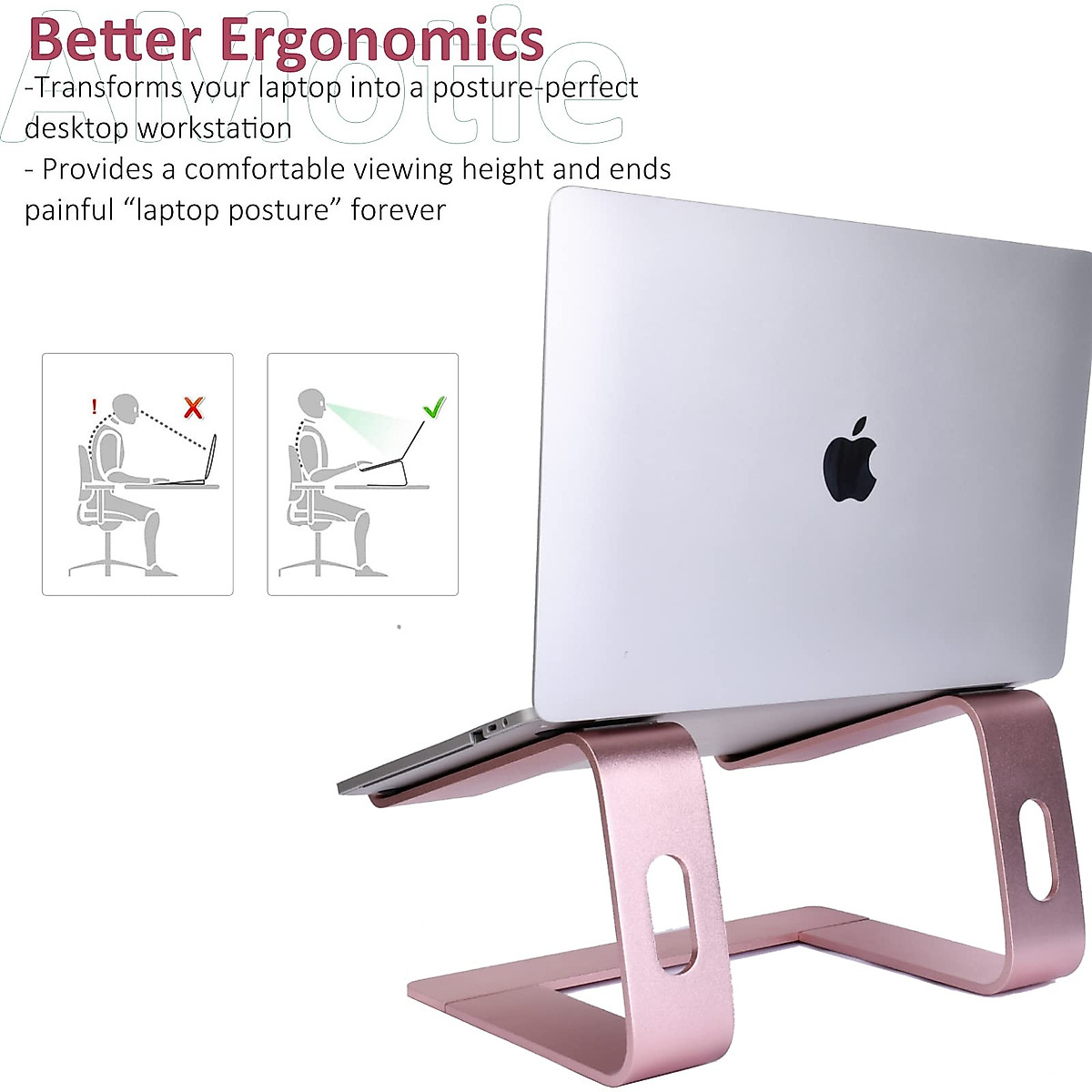 AMOTIE Laptop Desk Stand, Ergonomic Aluminum Laptops Elevator for Desk, Notebook Holder Stand Compatible with MacBook Pro/Air HP Lenovo Samsung Huawei ，All 10-15.6" Laptops，Pink Gold