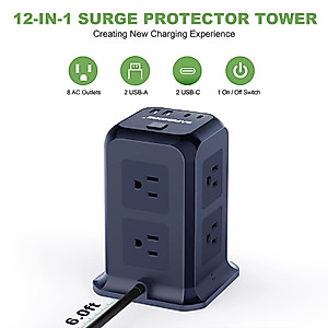 USB-C Power Strip Tower, SAFEMORE, Surge Protector 8 Outlets 4 USB Ports (4.8A), Fast Charging Station with 6.5ft Flat Plug Extension Cord for Indoor Home Office - Blue