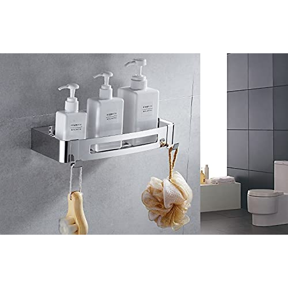 Shower Caddy Bathroom Shelf with Hooks, Rustproof 304 Stainless Steel Shampoo Organizer with Adhesive, No Drilling, Wall Mounted for Inside Shower and Kitchen