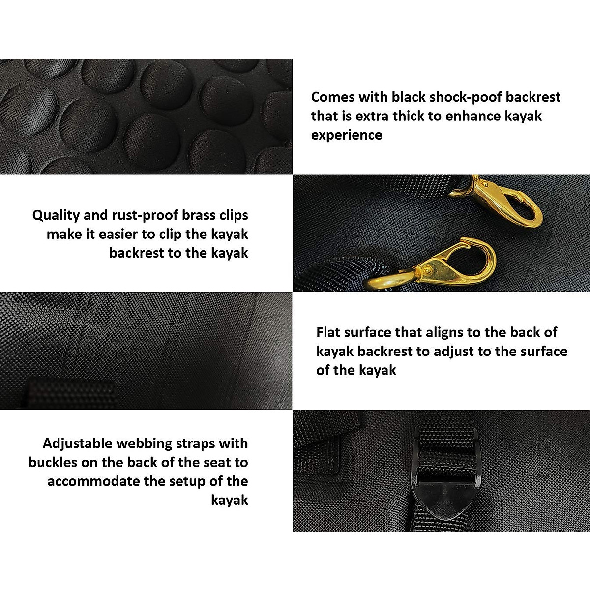 Pactrade Marine Adjustable Straps Black Padded Kayak Back Canoe Backrest Support Comfy Cushion Sit On Top Fishing Brass Clips Canoeing Kayaking Rafting Rest Pad Antiskid (2)