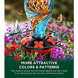 KONIZY Hummingbird Feeders for Outdoors Hanging, Hand Blown Glass Hummingbird Feeder with Attractive Spiral Pattern for Garden Decor, 30 OZ Leakproof Humming Bird Feeder with Rustproof Base