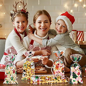 Twavang 120 Pcs Christmas Cellophane Treat Bags, Xmas Gift Bags Candy Goodies Bags with 140 Pcs Twists for Snacks Cookies Packing (10.6 x 5.1 inches)