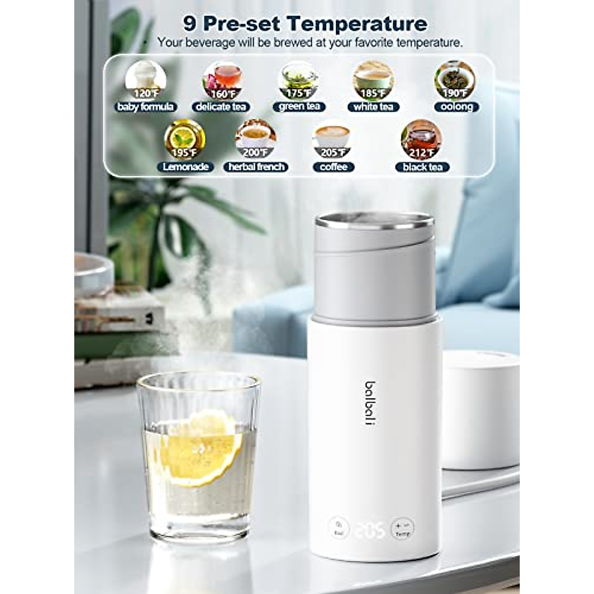 balbali Travel Kettle Electric Small 9 Preset Temp - Portable Kettle for Travel - Mini Hot Water Boiler/Maker/Warmer/Heater for Tea - Small Size One Cup Bottle/Thermos for Boil Water Single/Personal