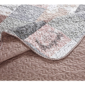 Brilliant Sunshine Latte Grey Paris and Toile Floral Patchwork, 2-Piece Quilt Set with 1 Sham, Reversible Bedspread, Soft Lightweight Coverlet, All-Season, Twin, Latte Grey