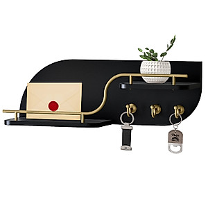 Karisky Key Holder for Wall, Decorative Key and Mail Organizer with 3 Metal Hooks and 2 shelves, Wood Wall Mounted Key Rack for Entryway, Black