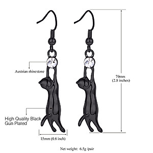 U7 Cute Cat Ear Pendant Black Kitten Dangle Drop Earrings with Rhinestones
