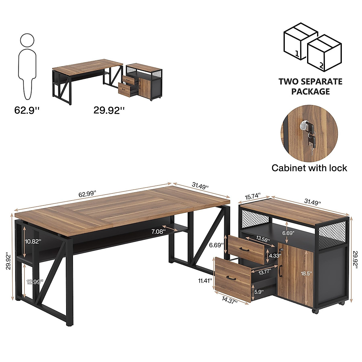 Tribesigns 63" L Shaped Desk with Drawer Cabinet, Executive Computer Desk and lateral File Cabinet, 2 Piece Home Office Furniture with Drawers for Hanging File, Doors with Locks (Brown, 63 inches)
