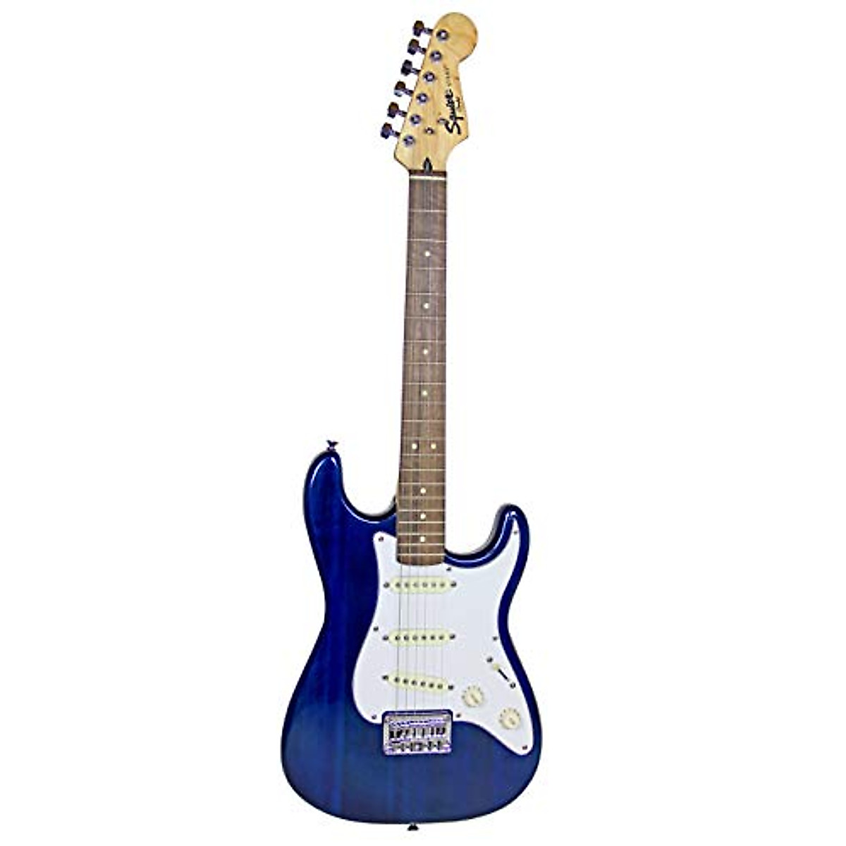 Fender Squier 24-Inch Short Scale Strat Pack - Transparent Blue Bundle with Frontman 10G Amplifier, Instrument Cable, Strap, Picks, Online Lessons, and Austin Bazaar Instructional DVD