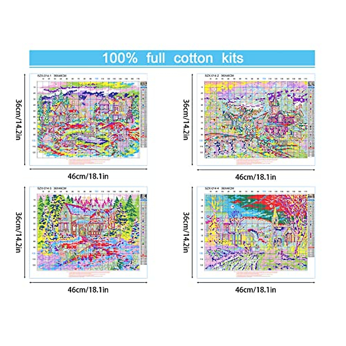 ZuoAnLF 4 Packs Stamped Cross Stitch Kits,Full Range of Embroidery Starter Kits for Beginners,DIY Embroidery Needlepoint Kits Home Decor,11CT,Christmas,Snow Scene,14.2×18.1inch
