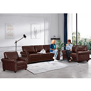 3 Piece Faux Leather Sofa Set,Mid Century Modern Couch and Loveseat Sets with Storage,Comfy Deep Seat Sofa with Nailhead Trim & Rolled Arm for Living Room,Office(Armchair+Loveseat+3 Seater,Burgundy)