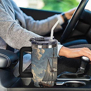 Nautical Sailing Pirate Ship 40 Oz Stainless Steel Tumbler with Handle & Straw Double-Walled Vacuum Insulated Travel Mug for Hot/Cold Drinks, Reusable Thermal Cup for Car Cup Holder