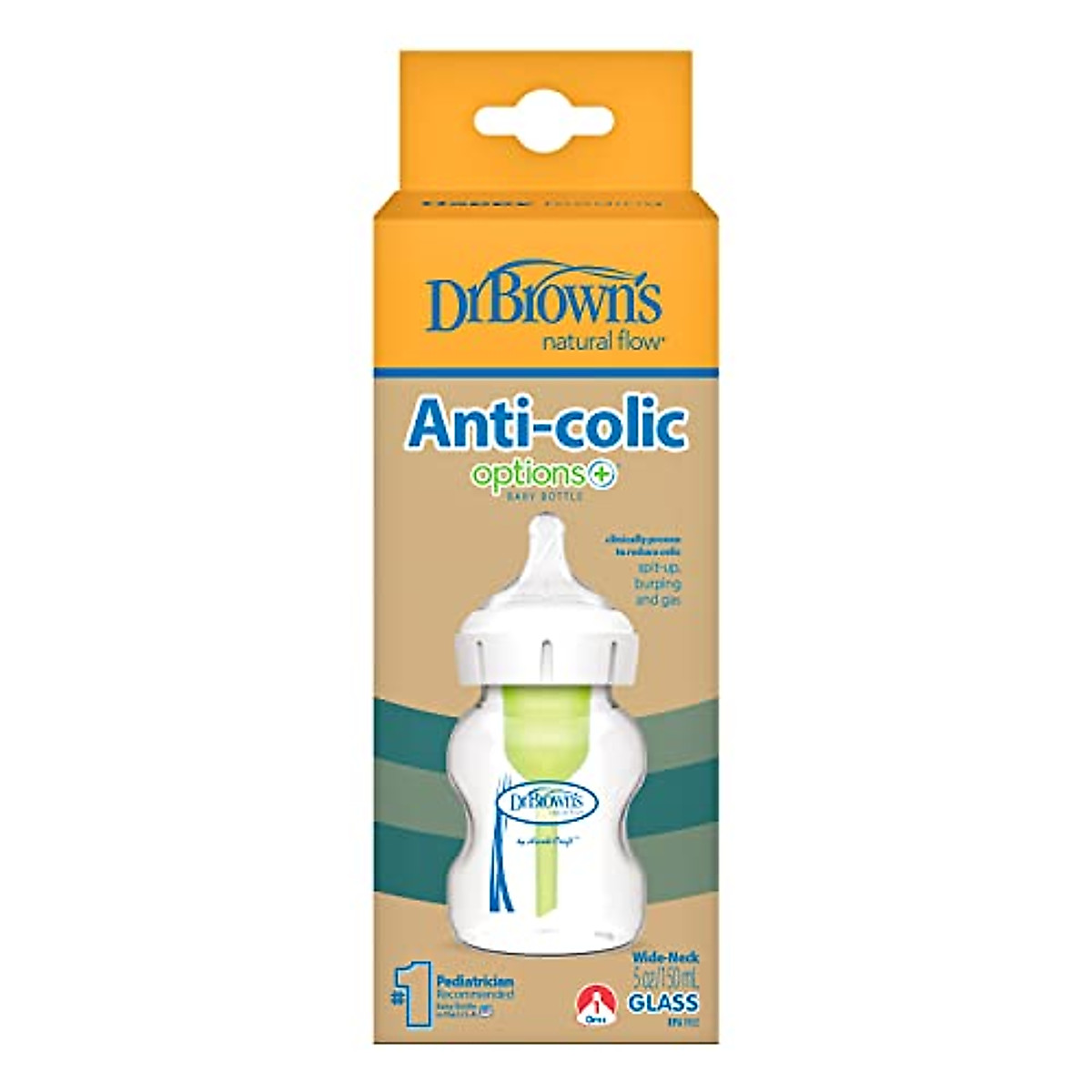 Dr. Brown's Natural Flow Anti-Colic Options+ Wide-Neck Glass Baby Bottle 5 oz/150 mL, with Level 1 Slow Flow Nipple, 1 Pack, 0m+