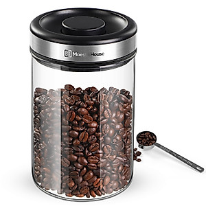 Maestri House Vacuum Coffee Canister Pro, AirTight Coffee Containers, Vacuum Glass Coffee Jar with Coffee Spoon, 40 fl OZ/1.2L Professional Coffee Storage Container for Barista, Gifts (Silver)