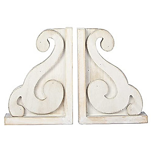 GENMOUS & CO. Rustic Distressed Vintage Scroll Corbel Bookends Farmhouse Whitewashed Wood Decorative Bookends, Set of 2